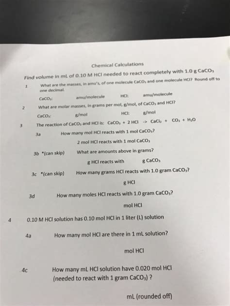 Solved Chemical Calculations Find Volume In ML Of M HCI Chegg Com