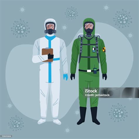 흰색과 녹색 보호 바이러스를 사용하는 근로자는 문자를 적합 2019년에 대한 스톡 벡터 아트 및 기타 이미지 2019년