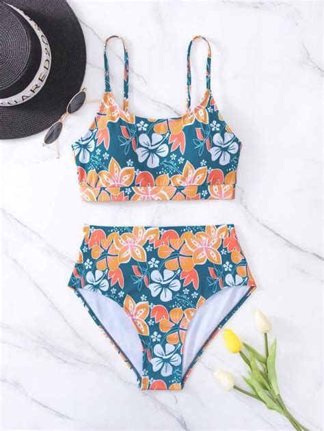 Shein Swim Vcay Random Floral Print Bikini Set Wireless Bra Top And High