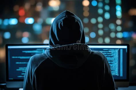 Individual In Hoodie Working On Coding With Computer In Dark Room At