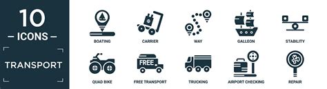 채워진 전송 아이콘 세트입니다 플랫 보트 캐리어 방법 갤리온 선 안정성 쿼드 자전거 무료 운송 트럭 운송 공항 검사 편집 가능한