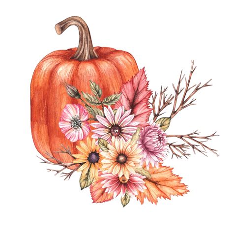 Premium Vector Watercolor Pumpkin With Flowers And Dry Leaves On A