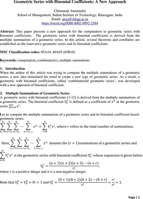 Geometric Series With Binomial Coefficients A New Approach Mathematics Cambridge Open Engage