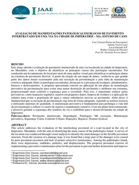 Avaliação De Manifestações Patológicas Em Blocos De Pavimento Pdf