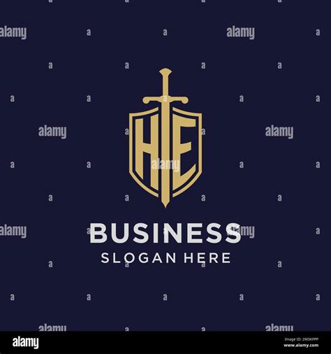 He Logo Initial Monogram With Shield And Sword Design Ideas Stock