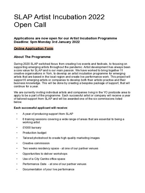 Fillable Online Slap Incubation Open Call Fax Email Print Pdffiller