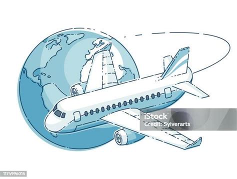 비행기 여객기와 행성 지구와 항공사 항공 여행 엠블럼 또는 그림 흰색 배경 위에 격리 된 아름다운 얇은 선 벡터입니다 3차원 형태에 대한 스톡 벡터 아트 및 기타 이미지