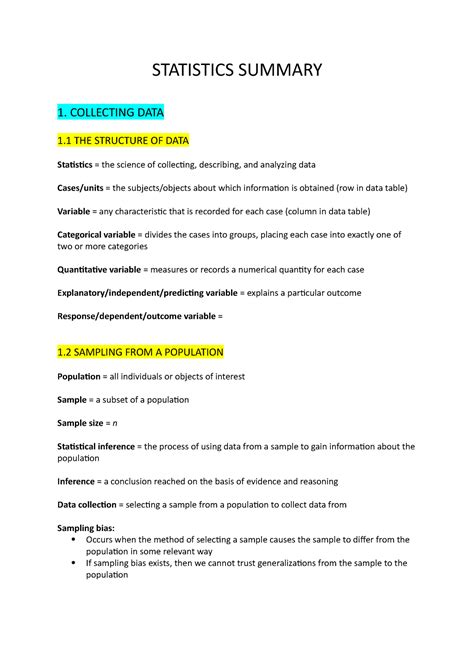 Statistics Summary Statistics Summary 1 Collecting Data 1 The