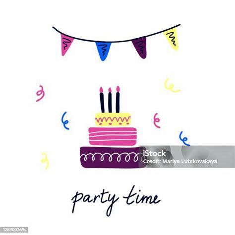 파티 시간입니다 원시 미니멀 한 스타일의 생일 엽서 촛불과 색종이와 축제 케이크 인사말 이나 초대 카드를 축하 현대 파티 포스터 플랫 벡터 낙서 고립 된 일러스트 모던