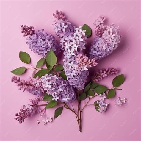 Premium Photo Lila Flowers On A Pink Background With Leaves And Stems
