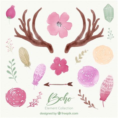 수채화 스타일의 Boho 요소 컬렉션 무료 벡터