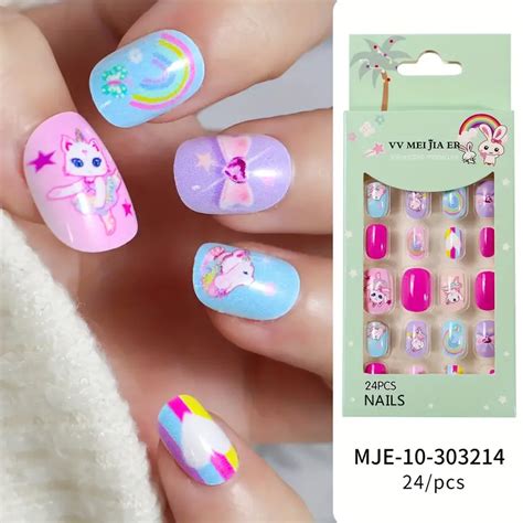 Conjunto 24 Uñas Postizas Lindos Diseños Dibujos Animados Temu Mexico