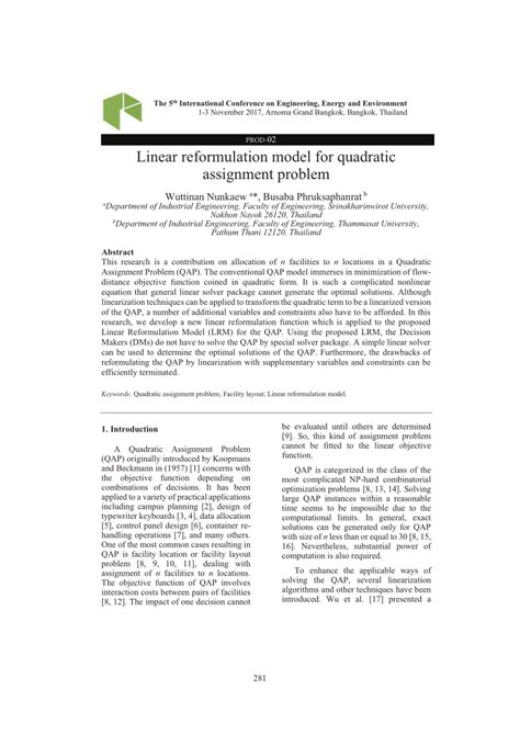 Pdf Linear Reformulation Model For Quadratic Assignment Problem