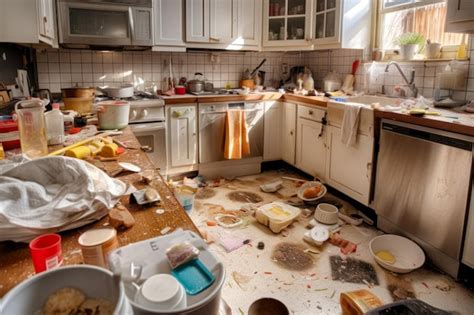 Premium Photo Messy Kitchen With Lot Of Clutter On The Floor And