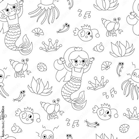 Vector Black And White Mermaids Seamless Pattern Underwater Kingdom