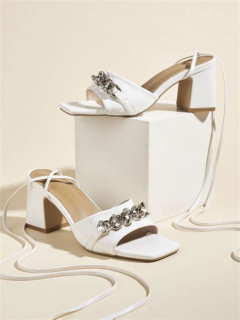 Womens Chains Lace Up Block Heel Sandals