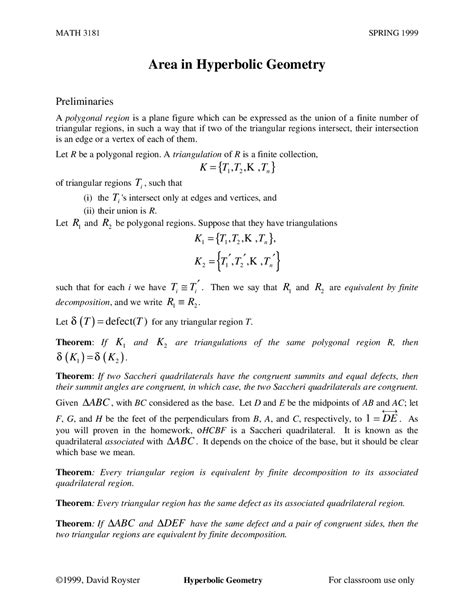 area in hyperbolic geometry theorems with proof math 3181 docsity
