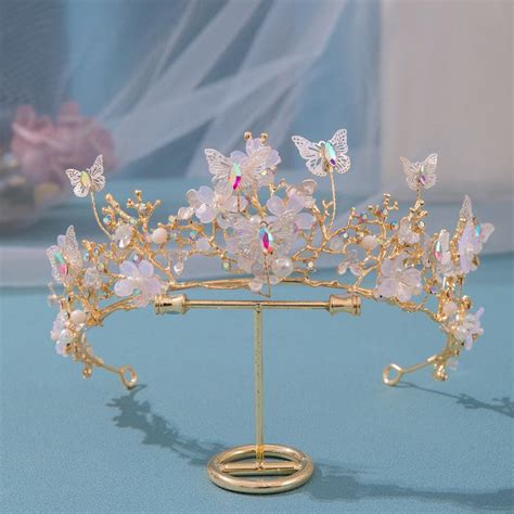 Baroque AB Color Crystal Beads Butterfly Bridal Crown Rhinestone