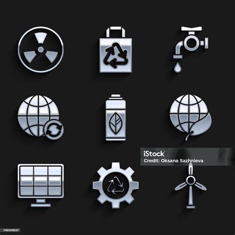 재활용 플라스틱 병 재활용 기호 및 기어 풍력 터빈 지구 지구 잎 태양 에너지 패널 행성 지구 재활용 수도꼭지 및 방사성