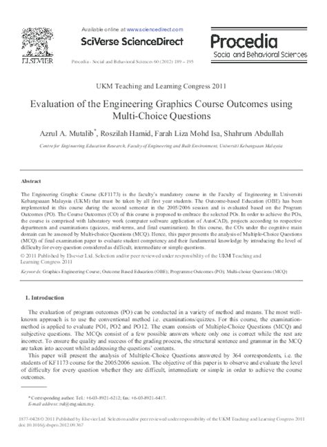 Pdf Evaluation Of The Engineering Graphics Course Outcomes Using