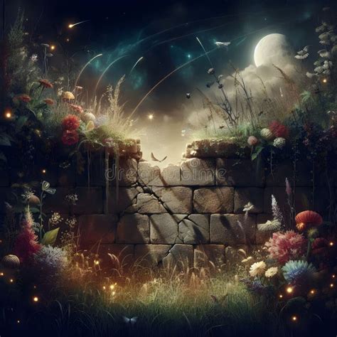 A Rough Stone Wall With Overgrown Grassesweedsflowersfireflies And A