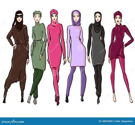 Beautiful Arab Girls In Burkini Hand Drawn Illustration Of Young
