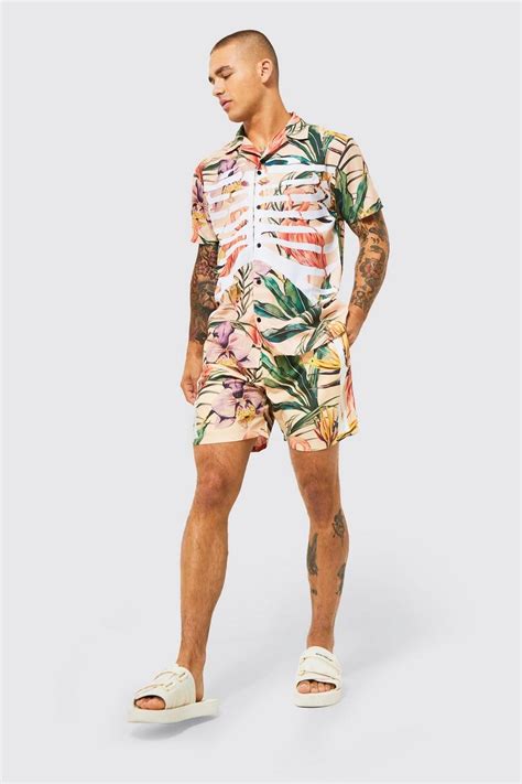 Mens Floral Skeleton Print Shirt And Swims Set Boohoo Uk