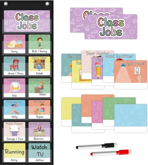 Amazon REGELETO Class Jobs Pocket Chart With Colorful Dry Erase Cards And Hooks Class