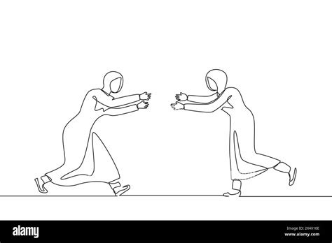 Continuous One Line Drawing Happy Arab Girls Meeting After Long Time