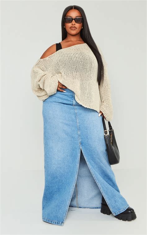Plus Mid Blue Wash Split Front Denim Maxi Skirt Plus Size