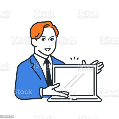 젊은 사업가가 컴퓨터 화면을 보여주면서 설명하는 간단한 벡터 일러스트레이션 자료 남자 사업가에 대한 스톡 벡터 아트 및 기타
