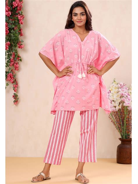 Buy Mirari Women Pink White Printed Kaftan Top With Trousers Co Ords For Women Myntra