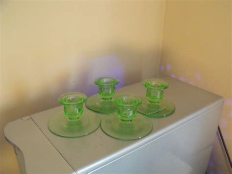 2 Pairs 4 Vintage Green Depression Glass Candle Holders Vaseline