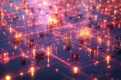 Modern Digital Network With Glowing Circuits And Connections In An Abstract Setting Stock