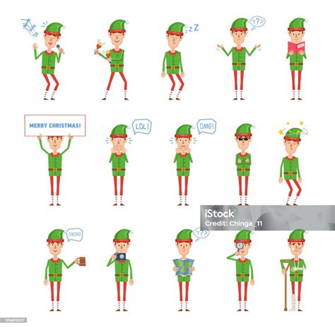 다양 한 작업을 보여주는 크리스마스 요정 캐릭터의 집합입니다 명랑 엘 프 노래방 노래 춤 잠자는 크리스마스 배너 맥주 머그잔 및