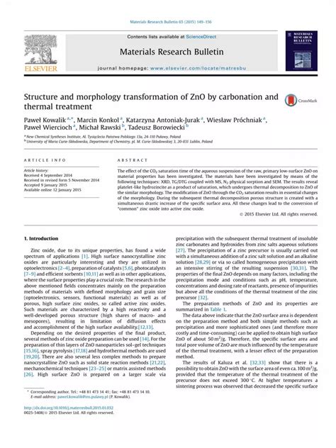 Pdf Structure And Morphology Transformation Of Zno By Carbonation And Thermal Treatment