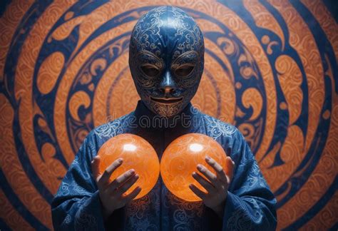 A Hooded Figure Wearing A Mask With Intricate Patterns Stock