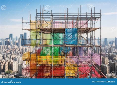 Suspended Scaffolding Against Colorful Backdrop Of Cityscape Stock