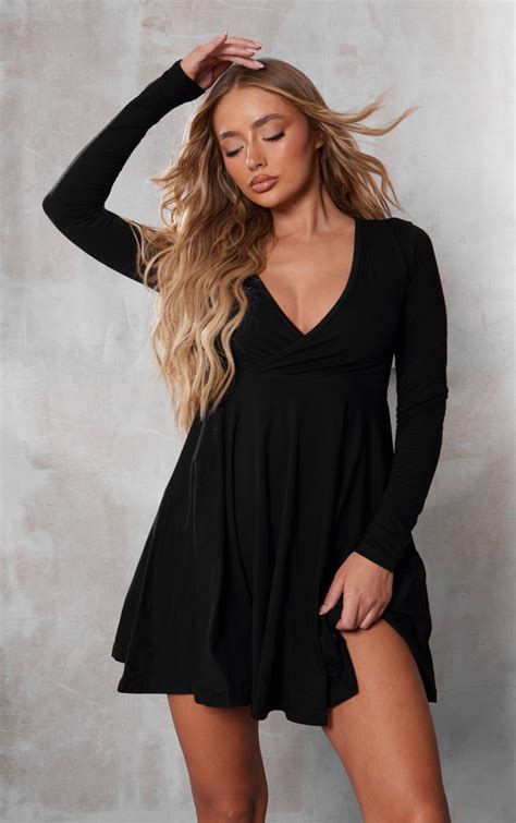 Black Cotton Wrap Long Sleeve Skater Dress Dresses Plt Ire