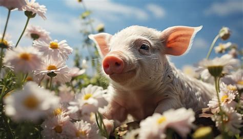 Free Photo Cute Piglet Grazing On Green Meadow Surrounded By Pink