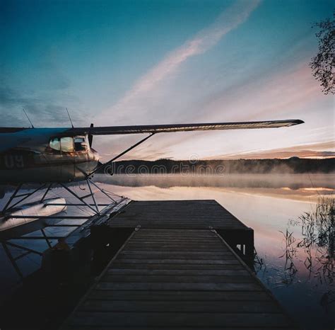 Alaskan Seaplane On Beautiful Lake At Sunset Stock Image Image Of