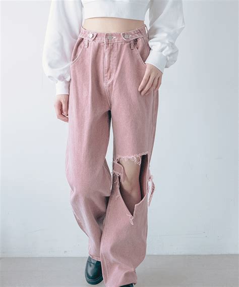 핑크 디스트로이드 로우라이즈 와이드 롱 청바지