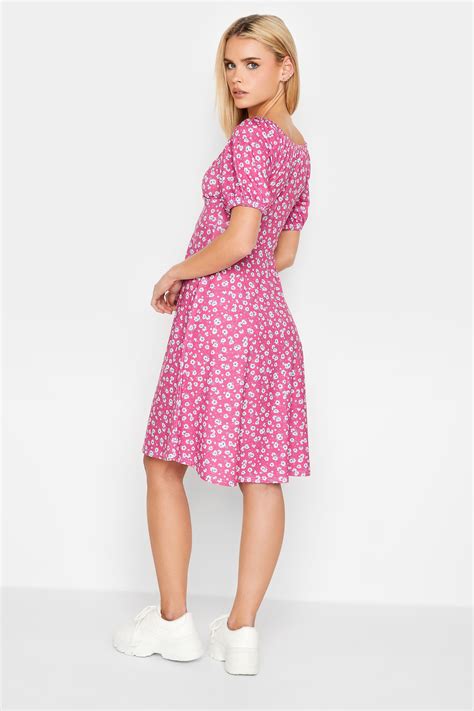 Petite Pink Daisy Print Ruched Front Dress Pixiegirl