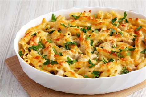 Homemade Cheesy Chicken Alfredo Pasta Bake In A Dish Side View Stock Image Image Of Bake