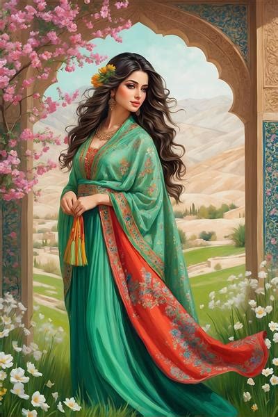 دختر زیبای ایرانی با لباس و شال سبز در بهار و نوروز مجموعه 2 عکس با کیفیت و وکتور لایه باز پارس