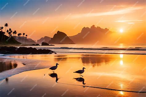 Premium Ai Image Birds On The Beach At Sunset