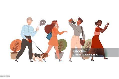 스마트 폰을 사용하여 거리에서 걷는 젊은이들 남자와 여자 채팅 셀카 만화 벡터 일러스트를 만들기 만화에 대한 스톡 벡터 아트 및