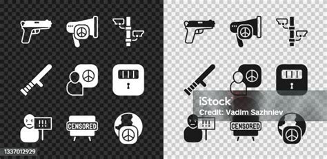 ピストルや銃平和防犯カメラ抗議検閲スタンプ平和の国際デー警察ゴムバトンと話のアイコンを設定しますベクトル アイコンのベクターアート素材や