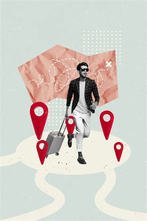 Vertical Photo Collage Of Happy Man Carry Suitcase Walk Summer Vacation Move Map Route