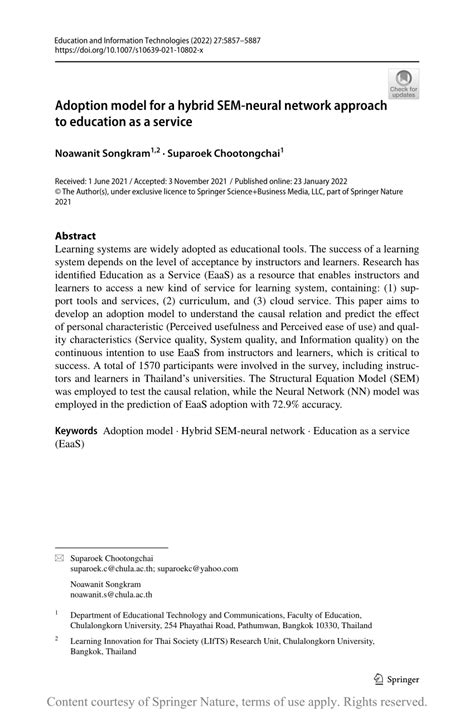 Adoption Model For A Hybrid Sem Neural Network Approach To Education As